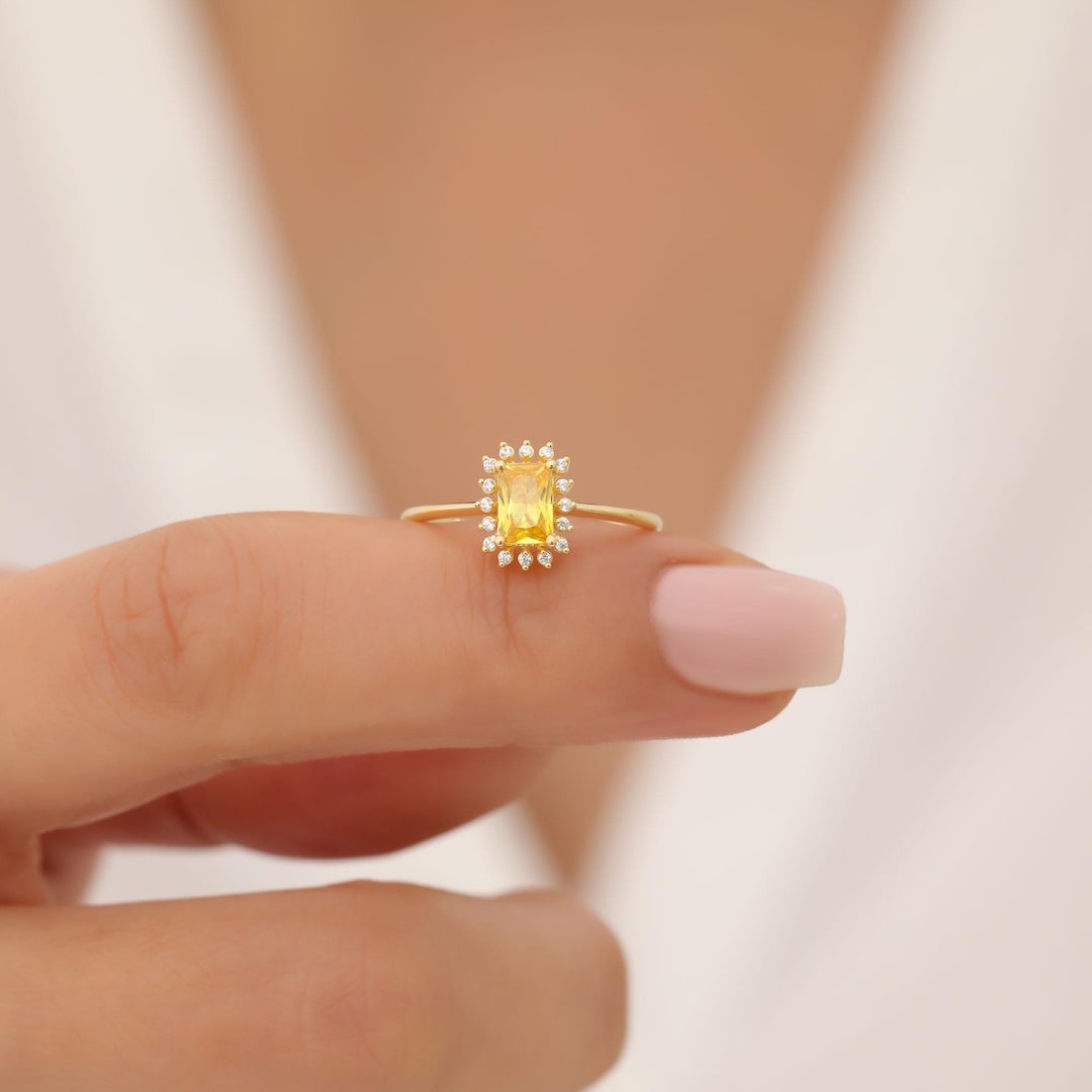 Yellow Topaz Rectangle 14K Solid Gold Ring, Topaz Ring With Real ...