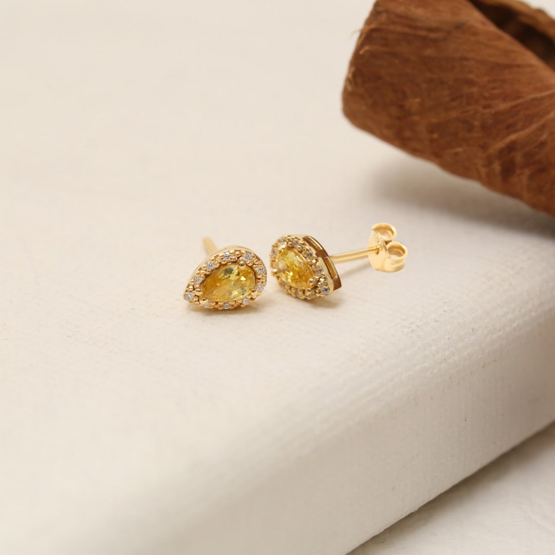Yellow Topaz Real Diamond Halo Drop Stud Earrings, 14K Solid Gold ...