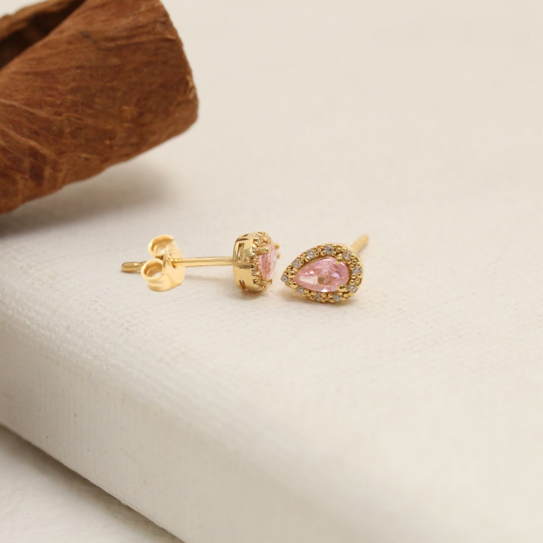 14K Solid Gold Real Diamond Drop Earrings, Pink Tourmaline Studs ...