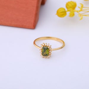 Peridot Rectangle Real Diamond Halo Ring, 14K Solid Gold Peridot ...