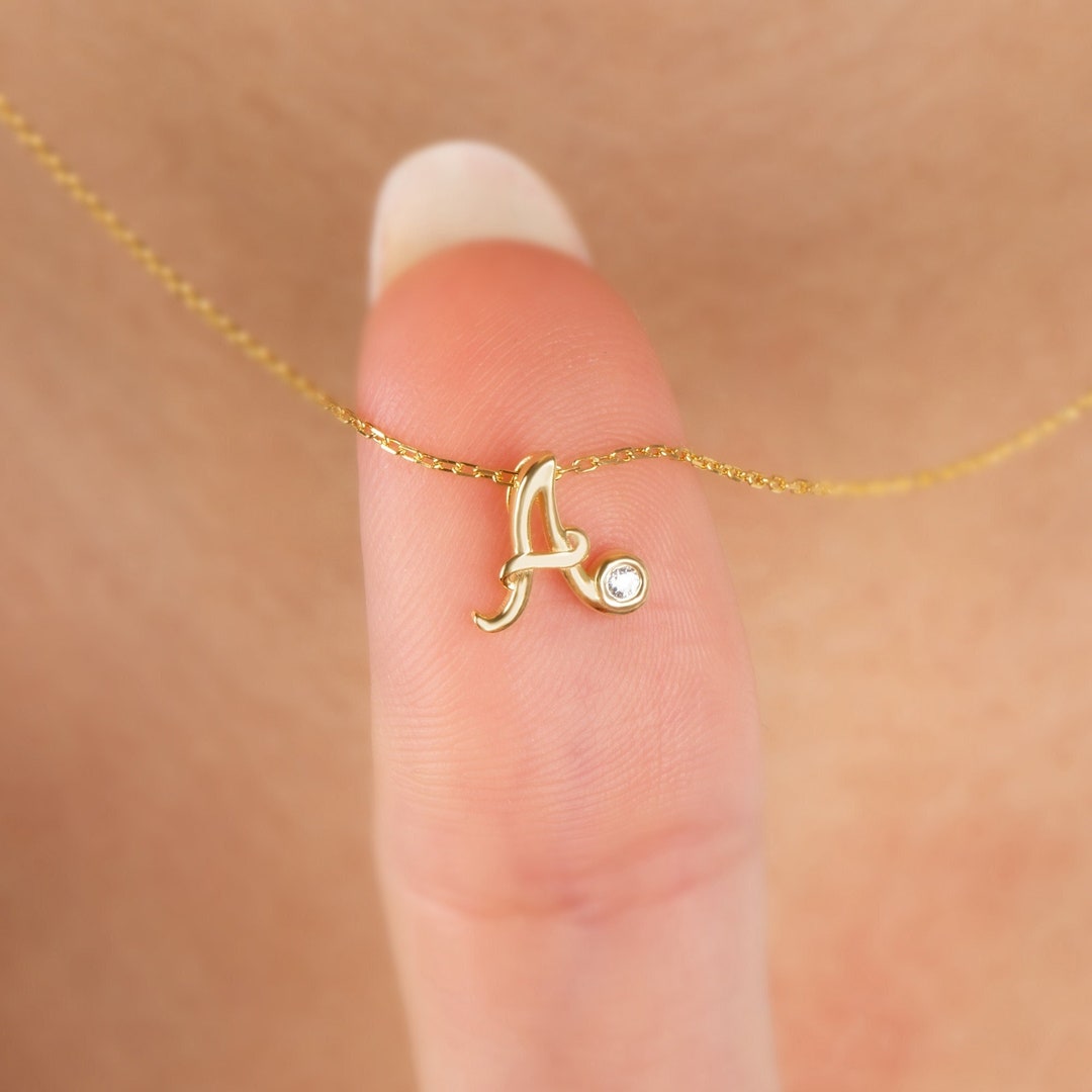 Real Diamond Letter Necklace 14K Solid Gold, Initial Letter Pendant ...