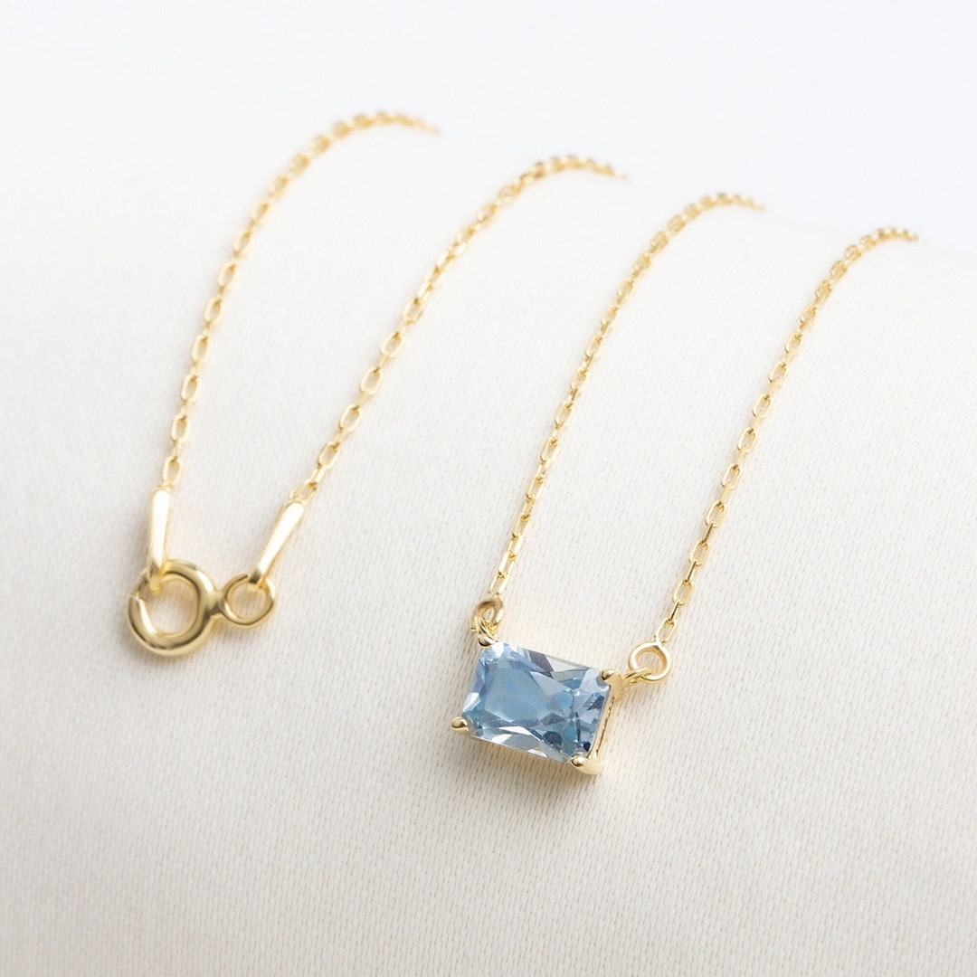 Horizontal Rectangle Aquamarine Necklace 14K Solid Gold, March ...