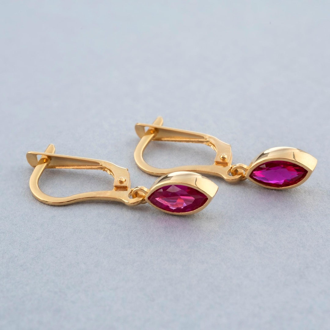 Ruby Dangle Earrings, 14K 10K 8K Solid Gold Marquise Bezel, July ...