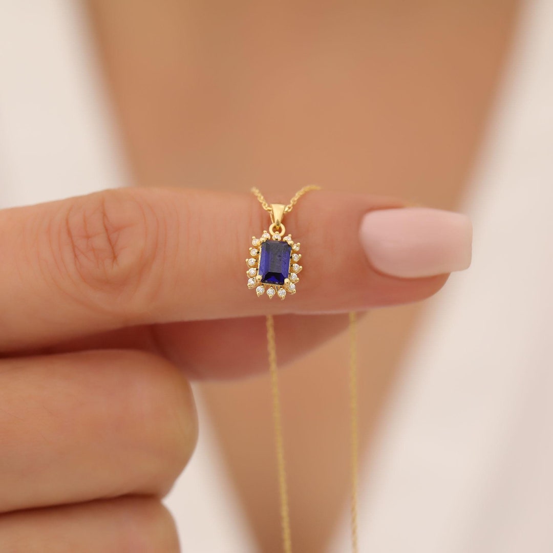 Rectangle Sapphire Real Diamond Necklace, 14K Solid Gold Rectangular ...