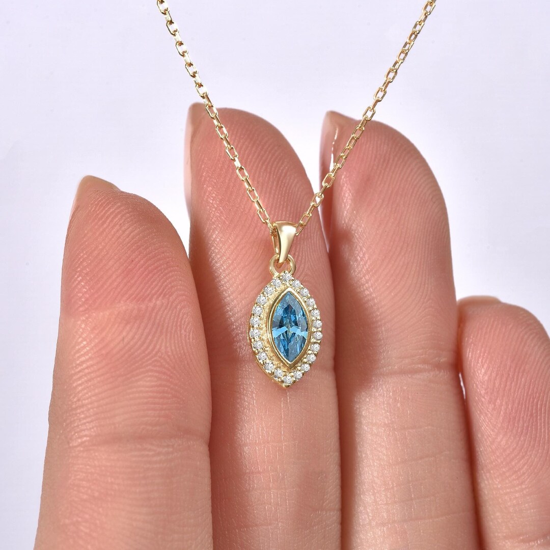 Marquise Blue Topaz Real Diamond Halo Necklace, 14K 10K 8K Solid Gold ...