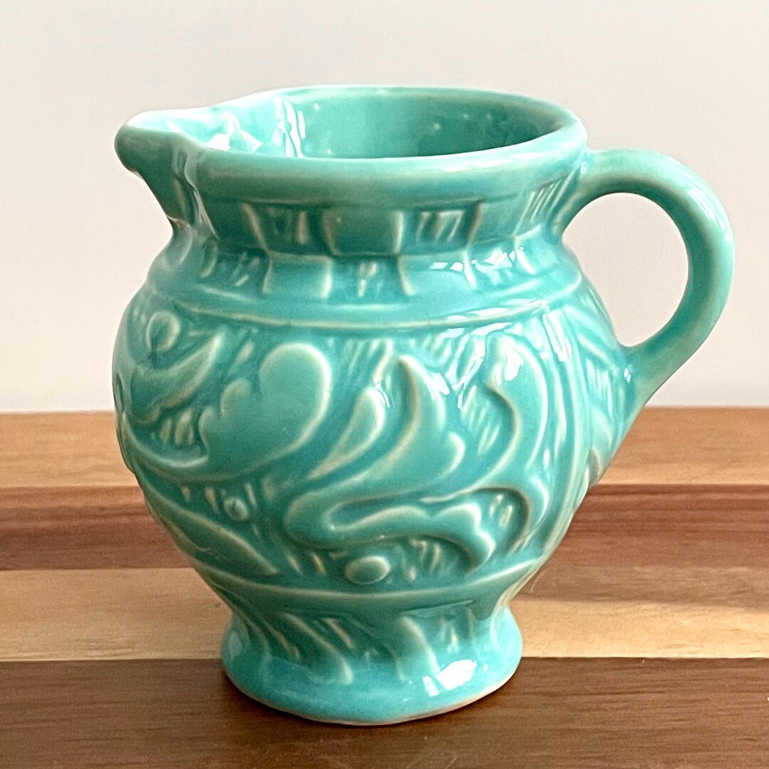 Vintage Turquoise Pottery Pitcher, USA Pottery Decorative Vase or ...