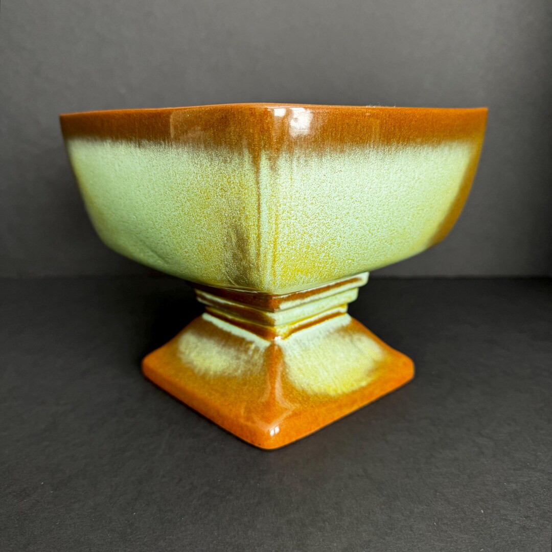 RARE Frankoma Pottery Square Pedestal Vase Prairie Green Number 23 ...