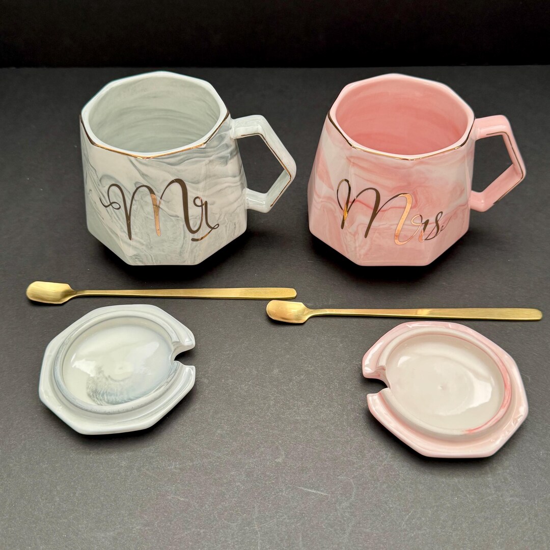 Art Deco Mr. & Mrs. Marble Mug Set With Spoons, Newlywed Gift - Etsy