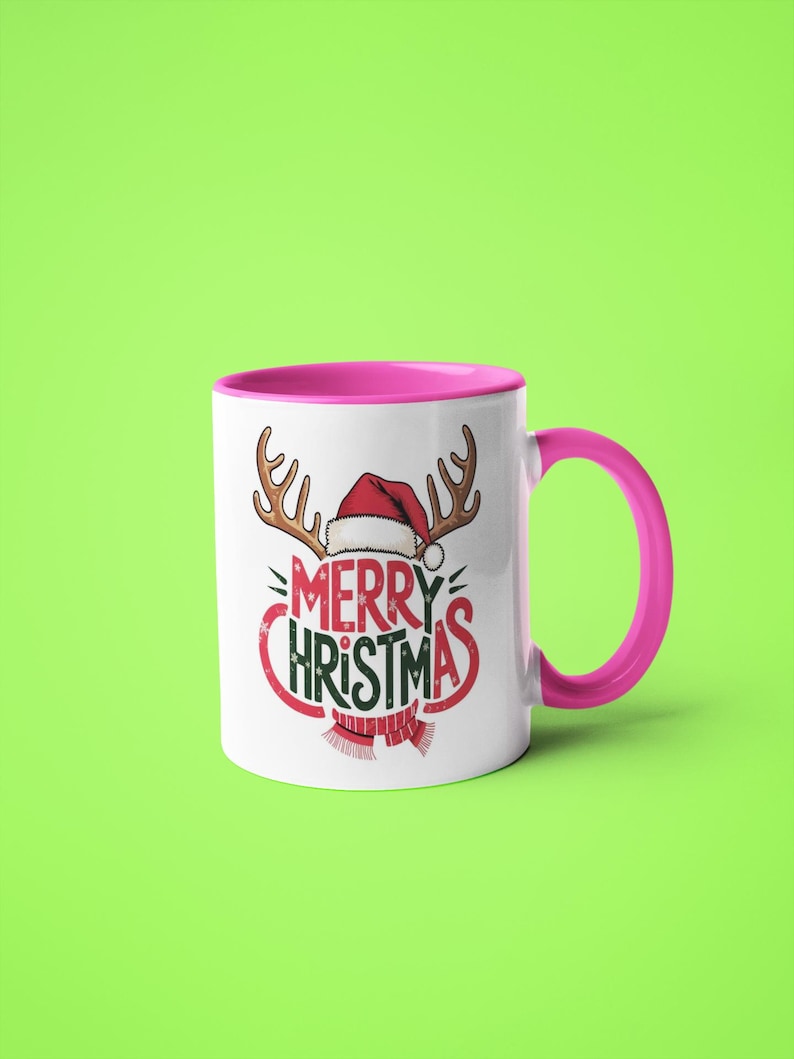 Taza de café navideña con diseño de astas de reno y gorro de Papá Noel ...
