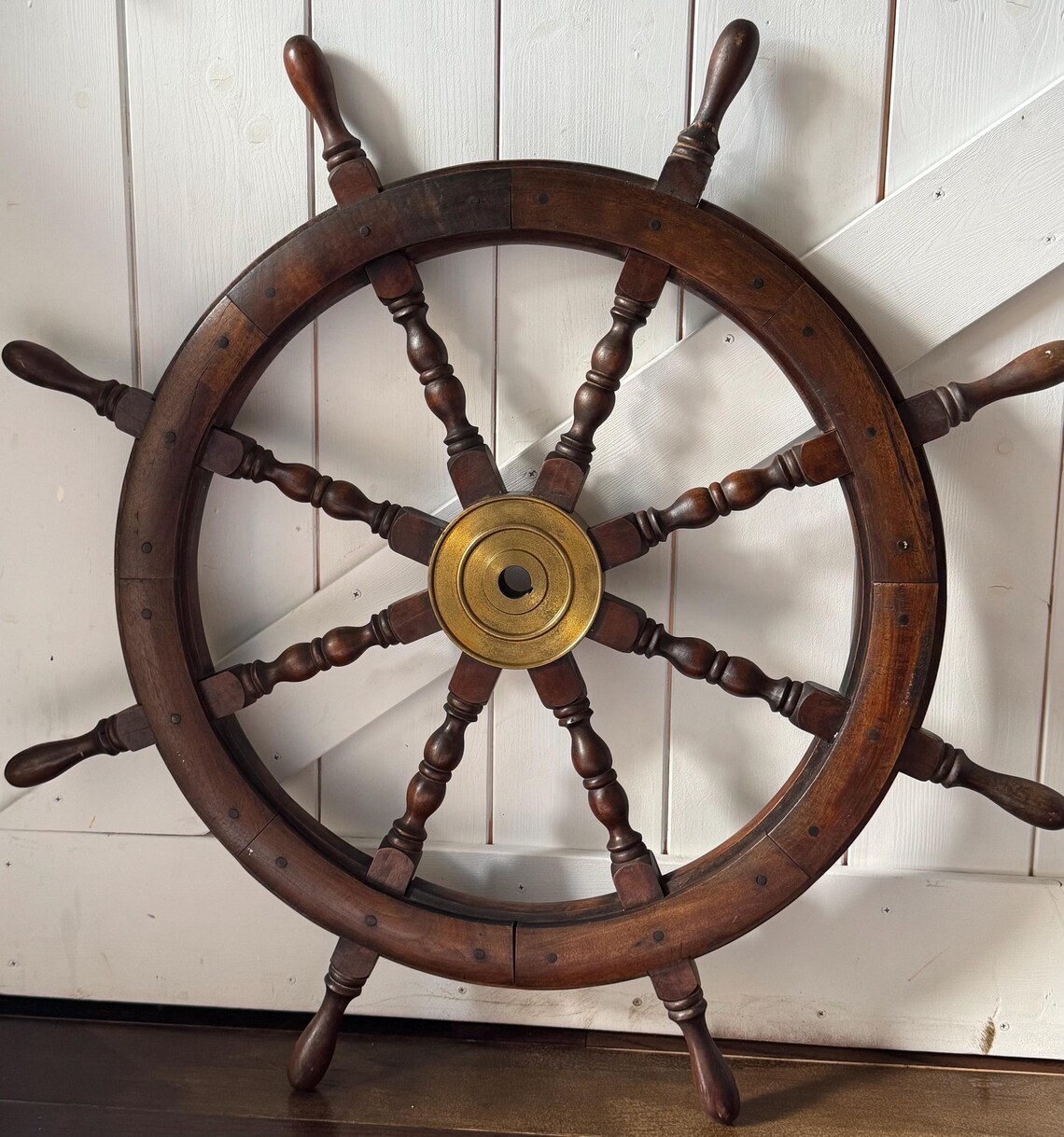 Antique Oak & Brass 8 Spoke Nautical Maritime Sail Boat Ships Wheel ...