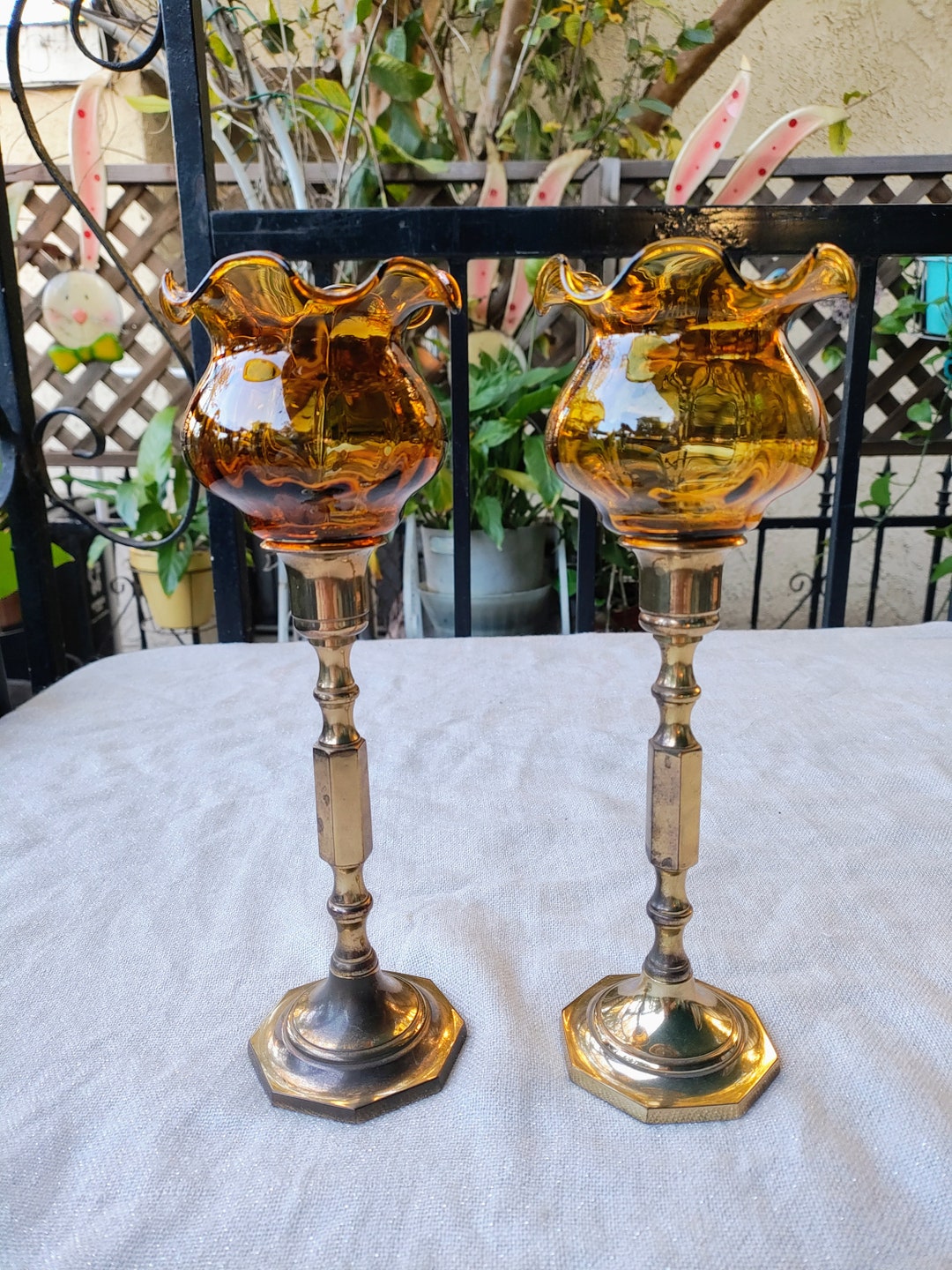 Pair of Amber Glass and Brass Candlestick Holder - Etsy