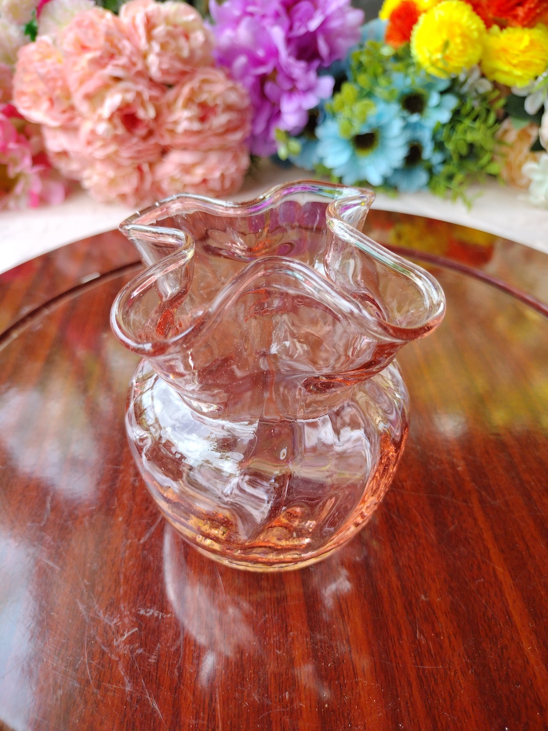 Pink Ruffled Hand Blown Art Glass Vase - Etsy