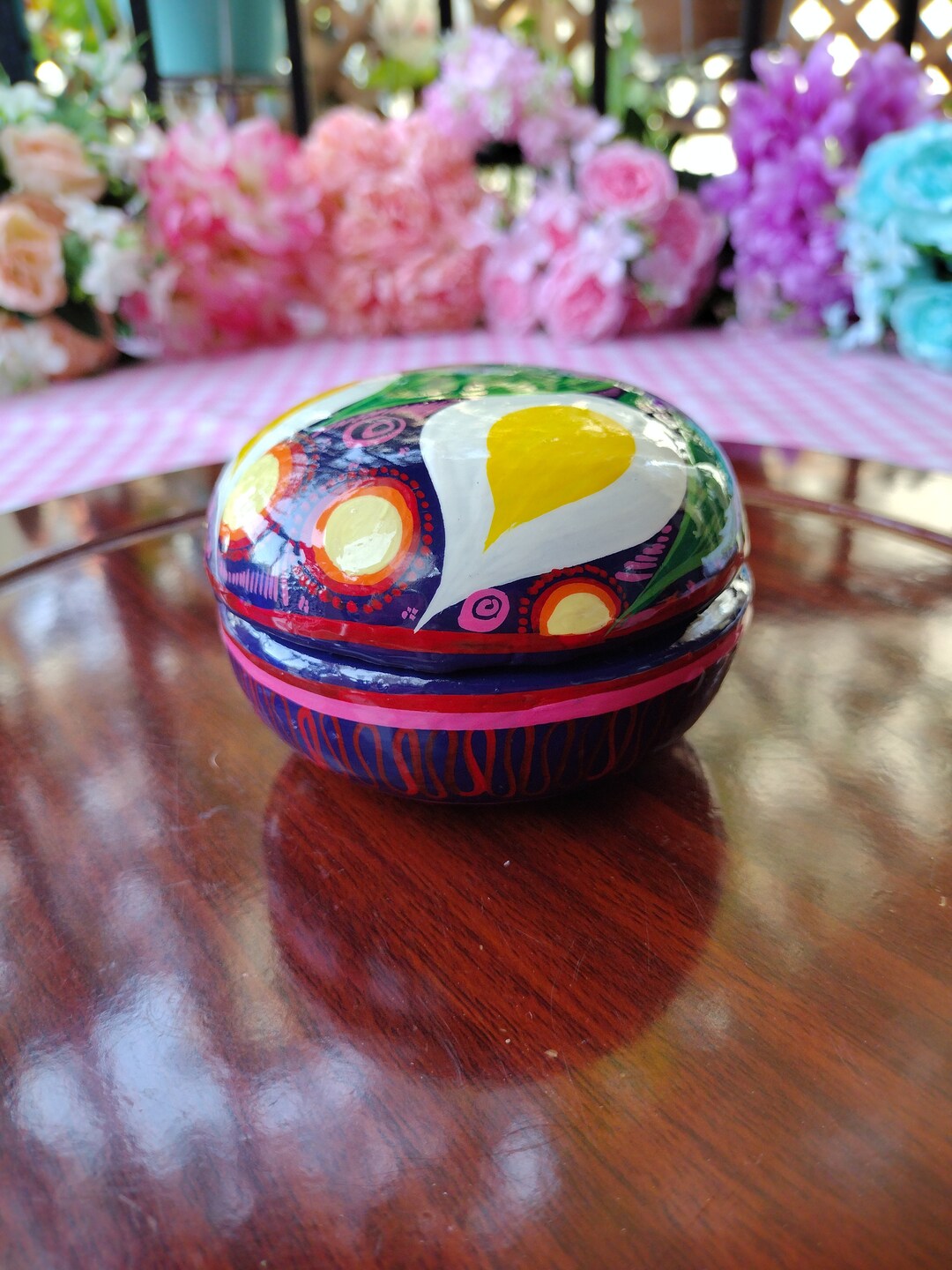 Hand Painted Round Clay Trinket Box Mexican Folk Art Colorful Ceramic ...