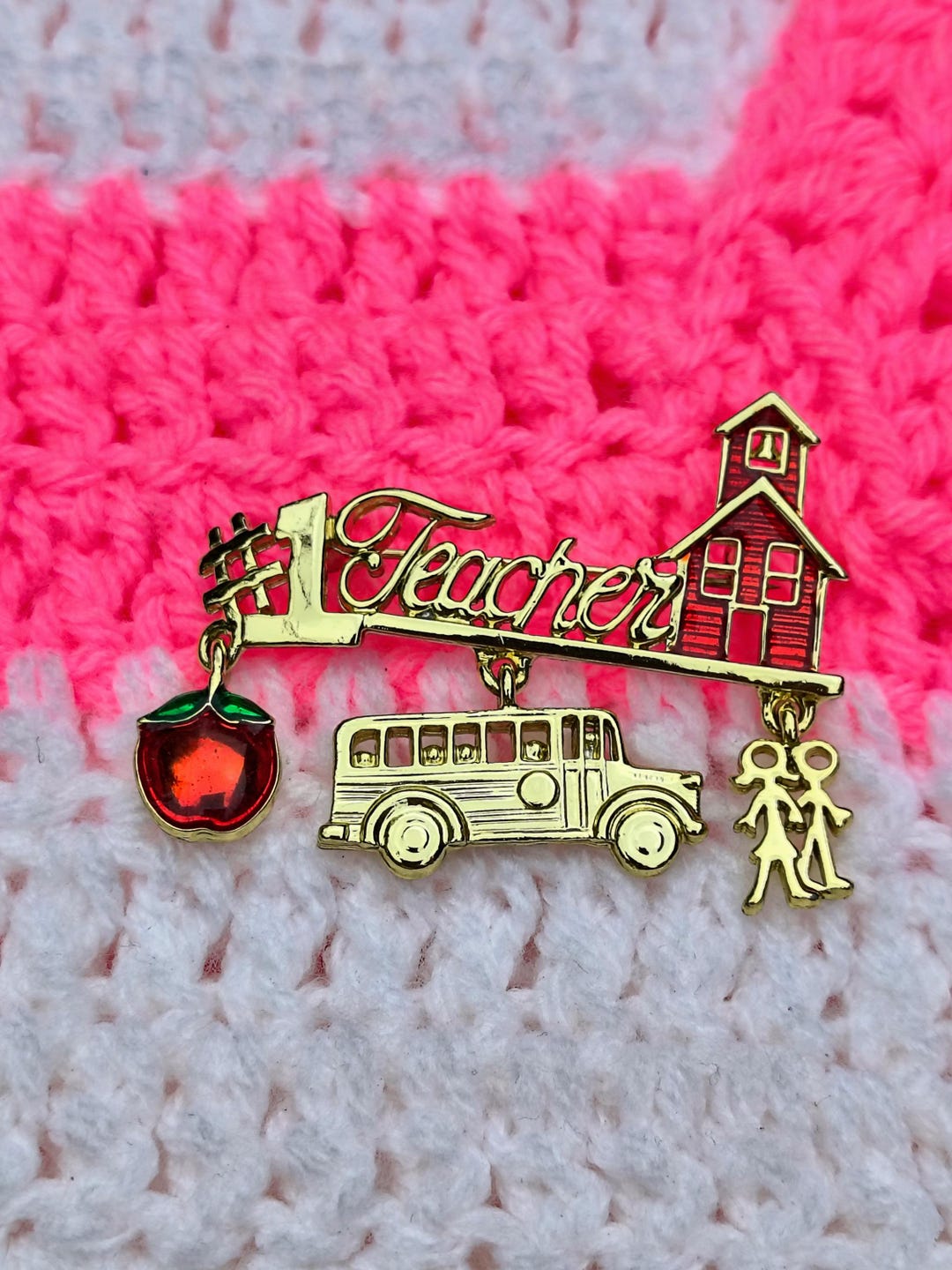 Vintage Danecraft Number 1 Teacher Brooch Pin School Bus Apple Students ...