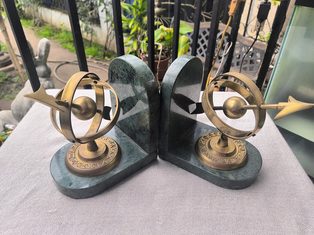 Green Marble and Brass Armillary Sphere Arrow Sundial Bookends - Etsy