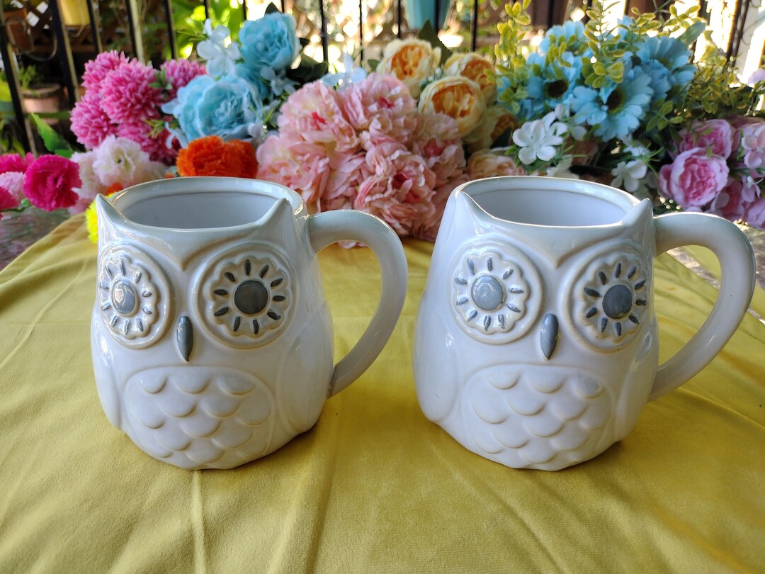 Set of 2 Ceramic Figural Snowy OWL Coffee Mugs 16oz WHITE GRAY Glaze - Etsy