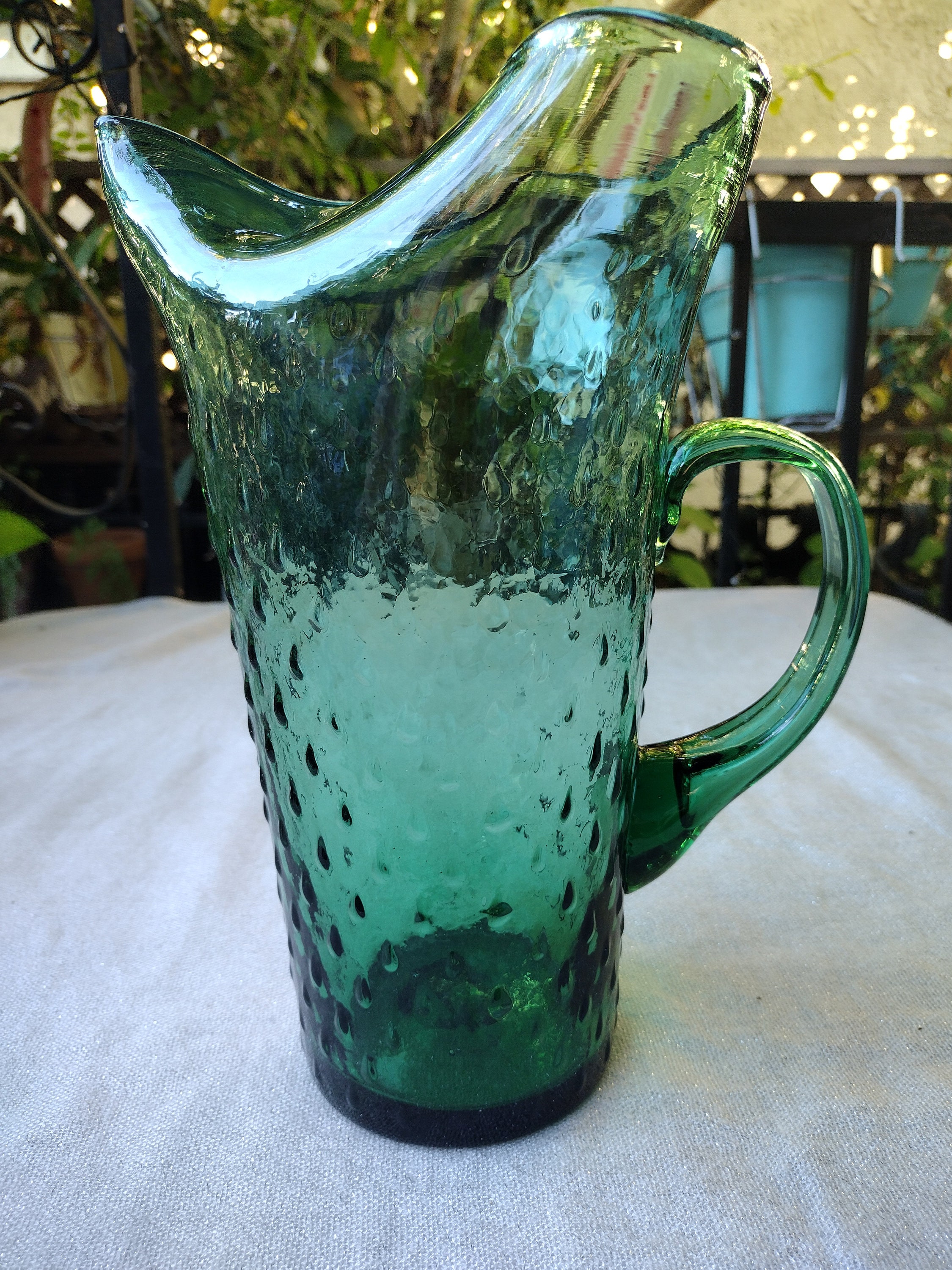 Vintage MCM Green Teardrop Texture Pinched Spout Glass Pitcher - Etsy