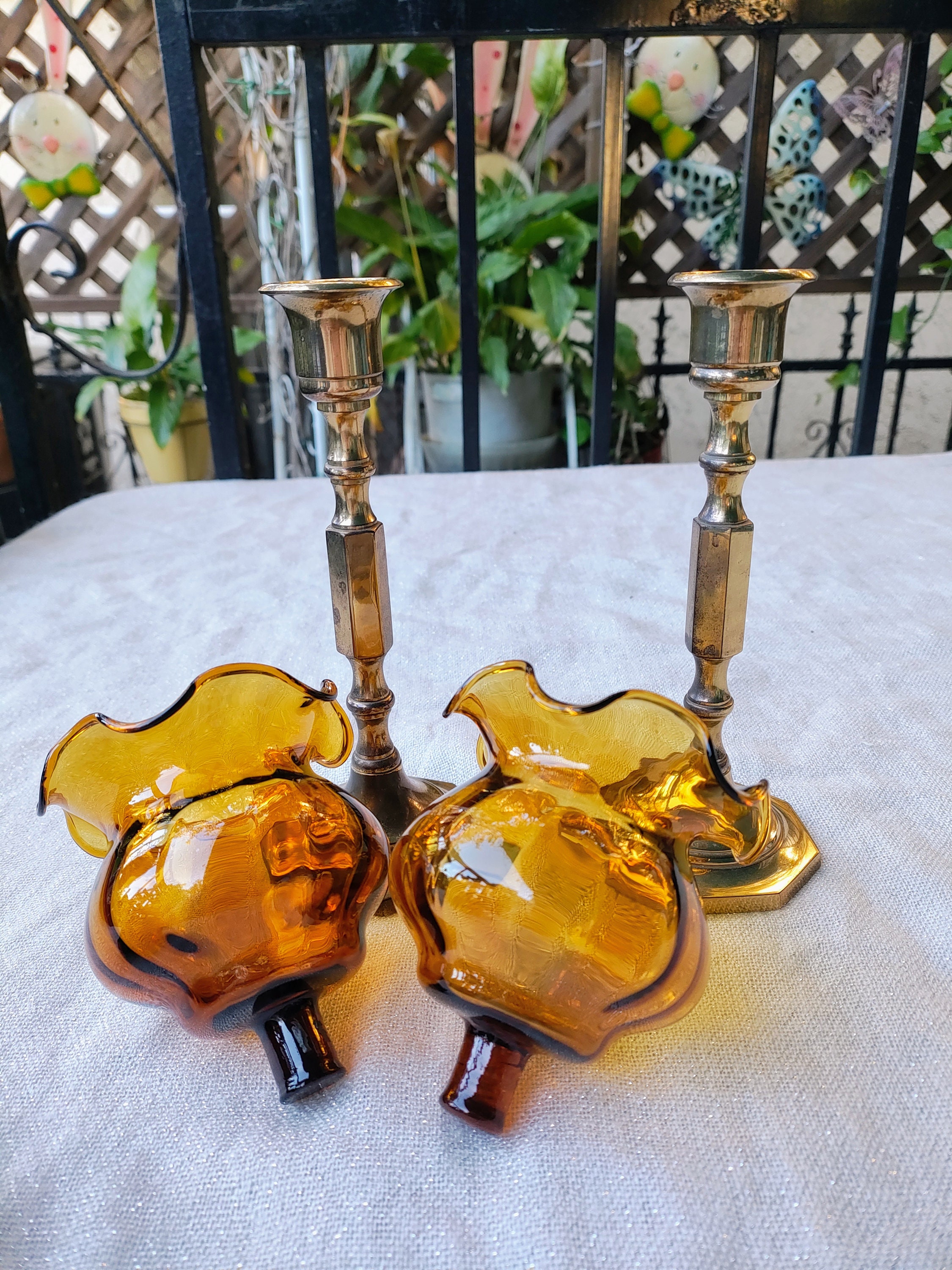 Pair of Amber Glass and Brass Candlestick Holder - Etsy