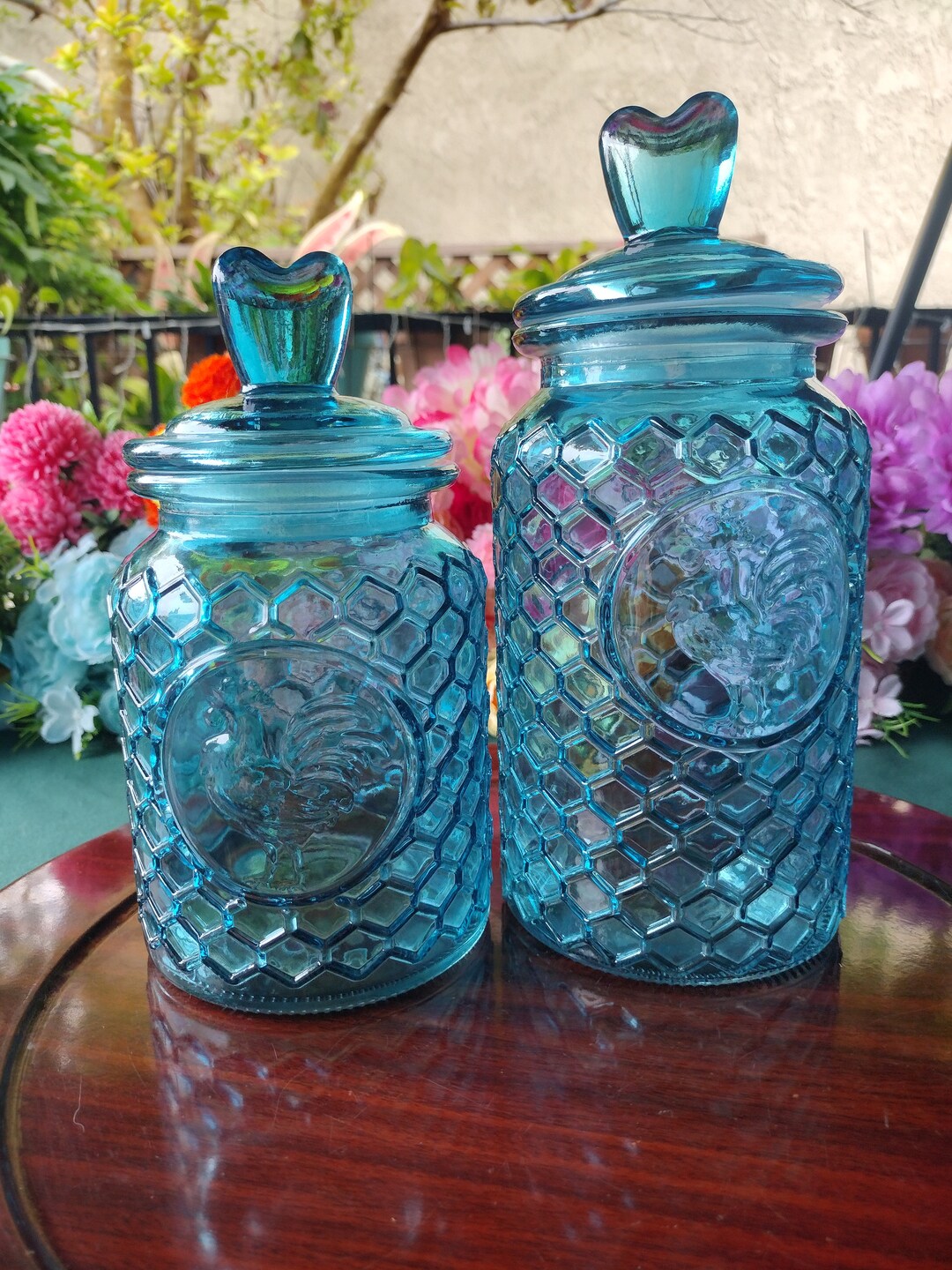 Set Of 2 Vintage Blue Glass Jars With Lid Embossed Honeycomb And Rooster Etsy
