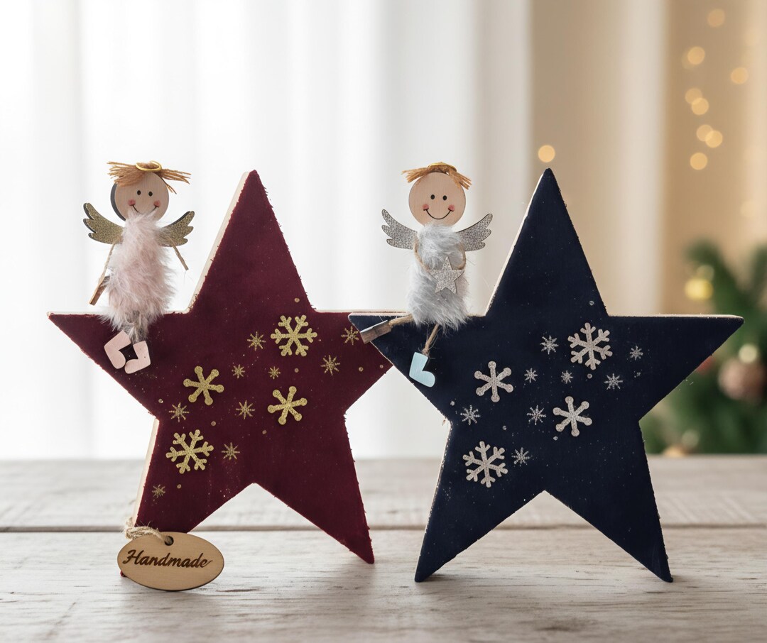 Wooden and Velvet Star With Pentagram Angel | Rustic Christmas Ornament ...