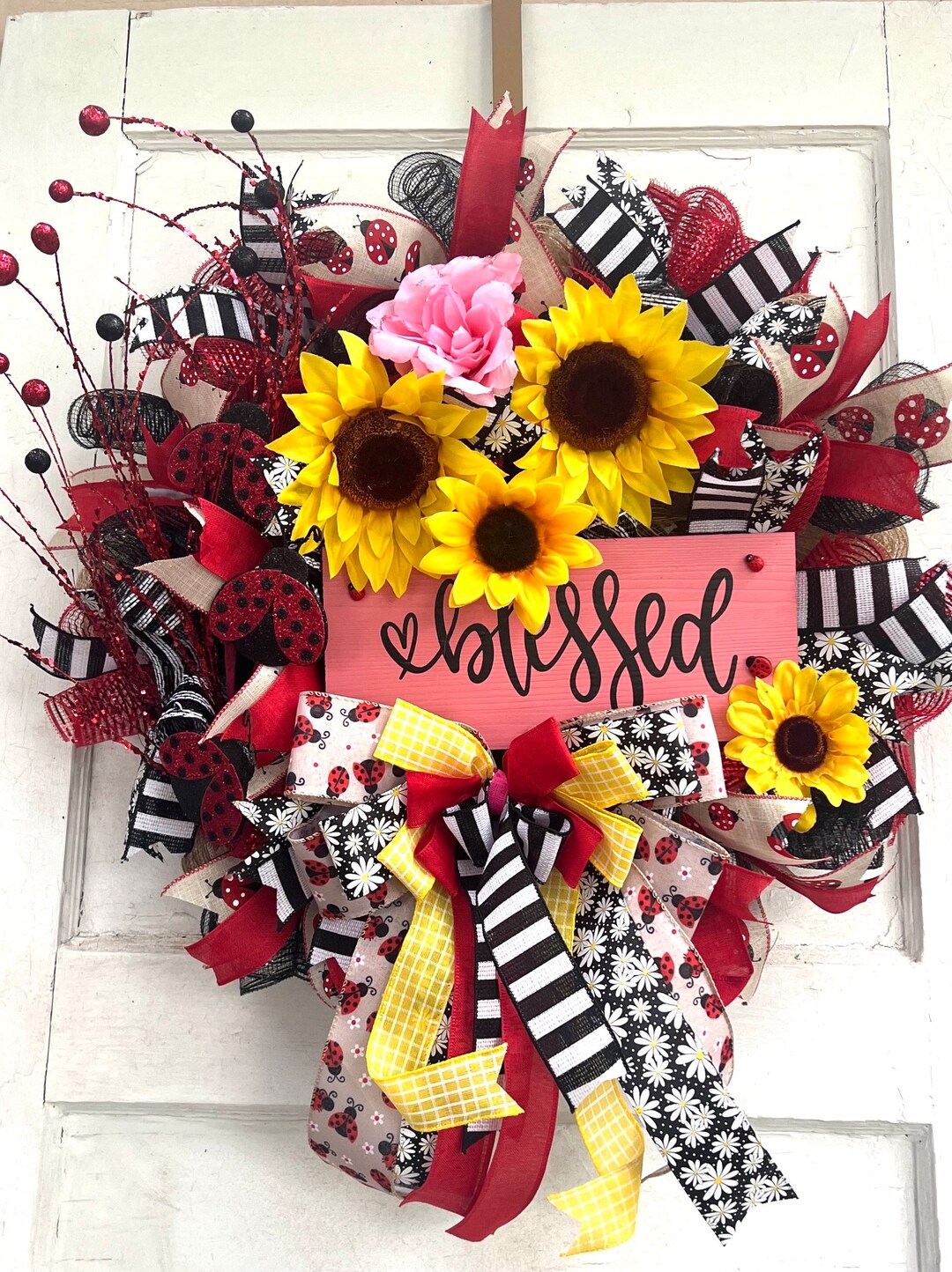 Lady Bug Spring/summer Deco Mesh Wresth, Farmhouse Deco Mesh Wreath - Etsy