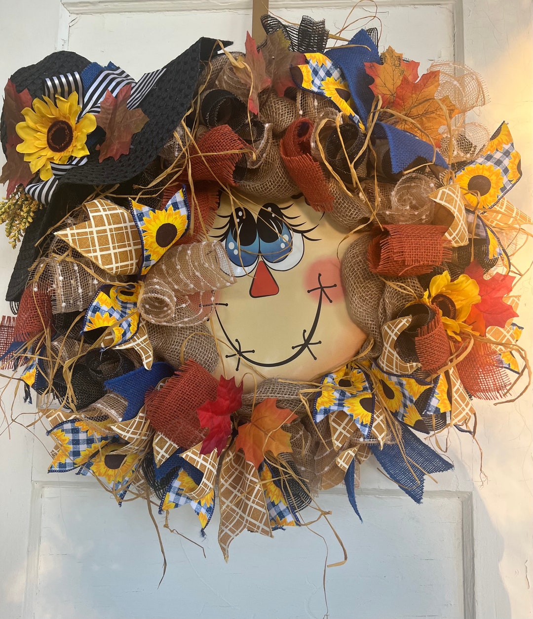 Fall Scarecrow Front Door Wreath, Fall Navy Blue Scarecrow Wreath ...