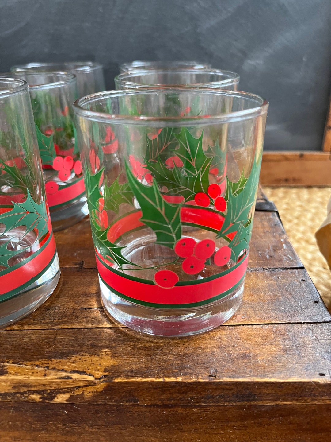 Vintage Christmas Low Ball Glasses Holly and Berries With Red Stripe ...