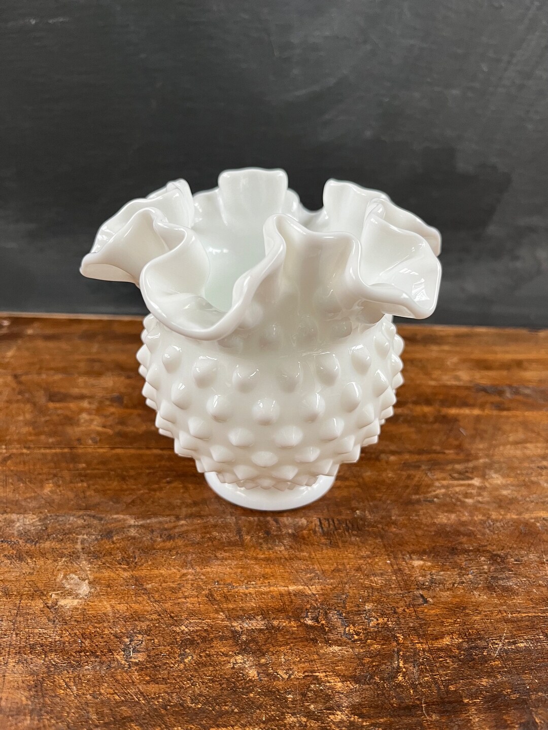 Vintage Fenton White Milk Glass Hobnail Footed Vase, Ruffled Edge, Milk ...