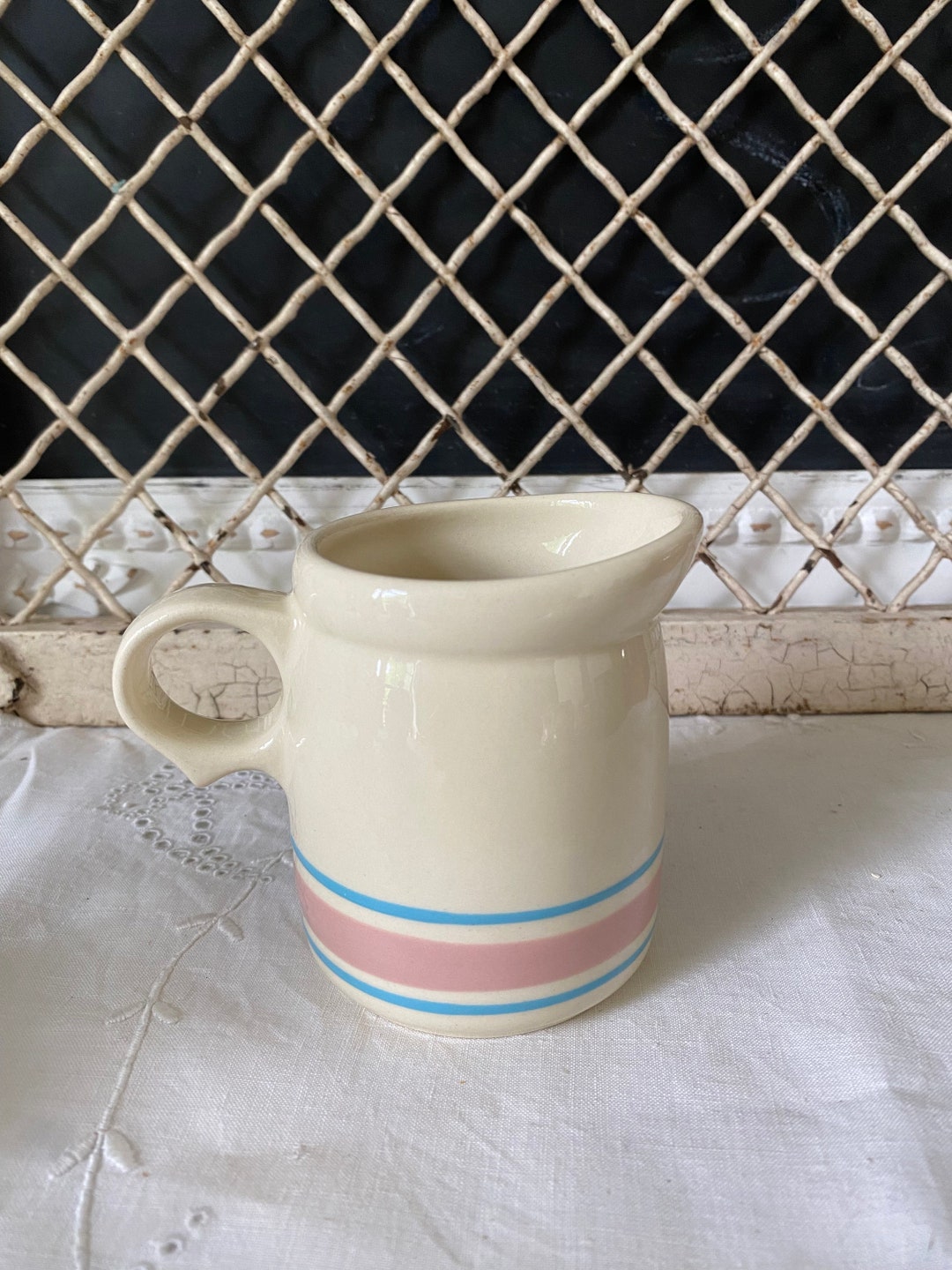 Vintage Mccoy Pottery Creamer Pitcher, Cream With Blue and Pink Stripes ...