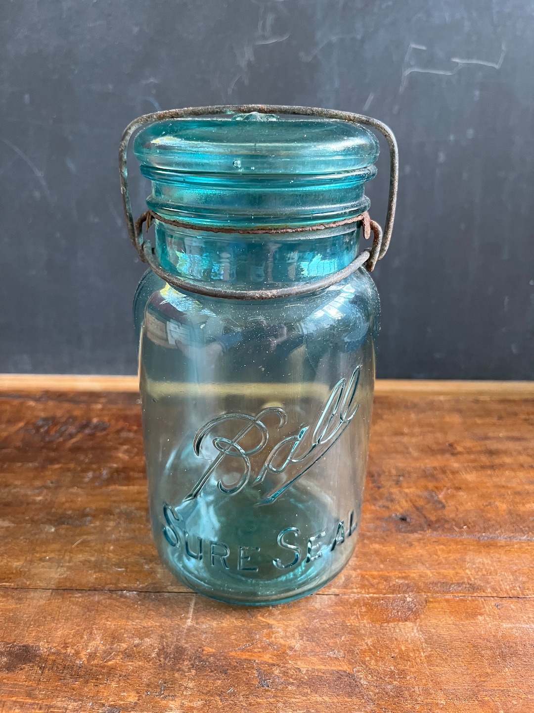 Vintage Ball Sure Seal Blue Glass Canning Jar, Wire Clamp and Glass Lid ...