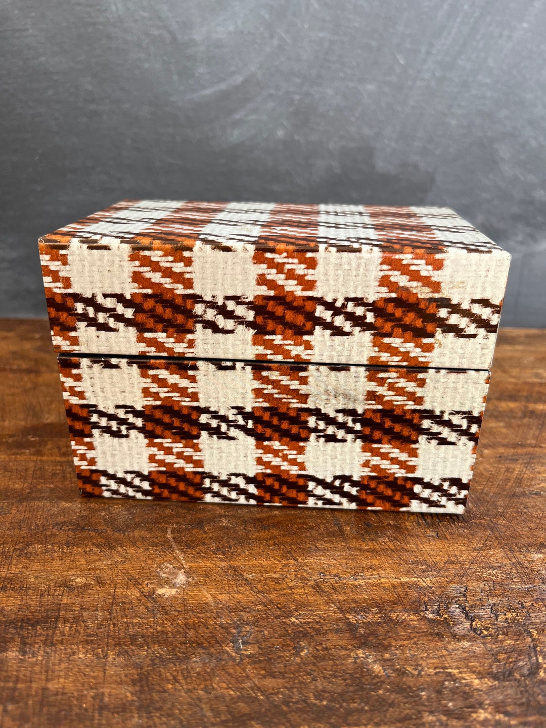 Vintage Syndicate Brown Plaid Metal Recipe Box, Index Card Box, Filing ...