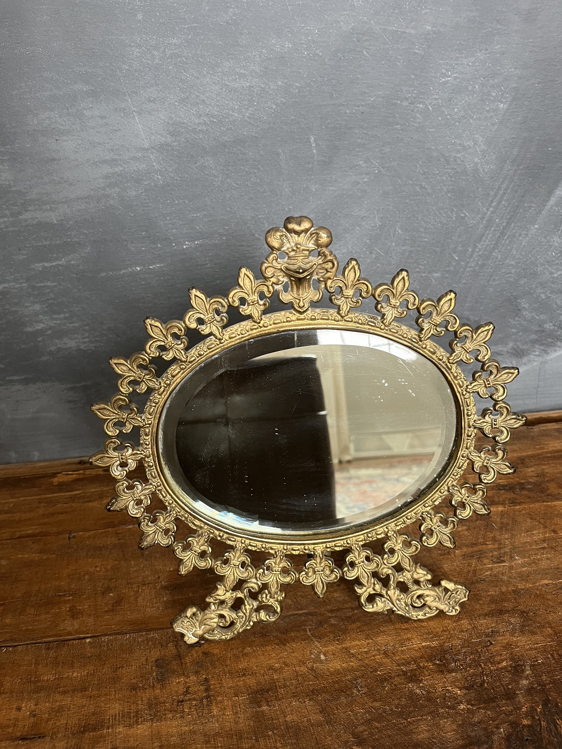 Vintage Tabletop Vanity Mirror With Ornate Cast Iron Frame, Beveled ...