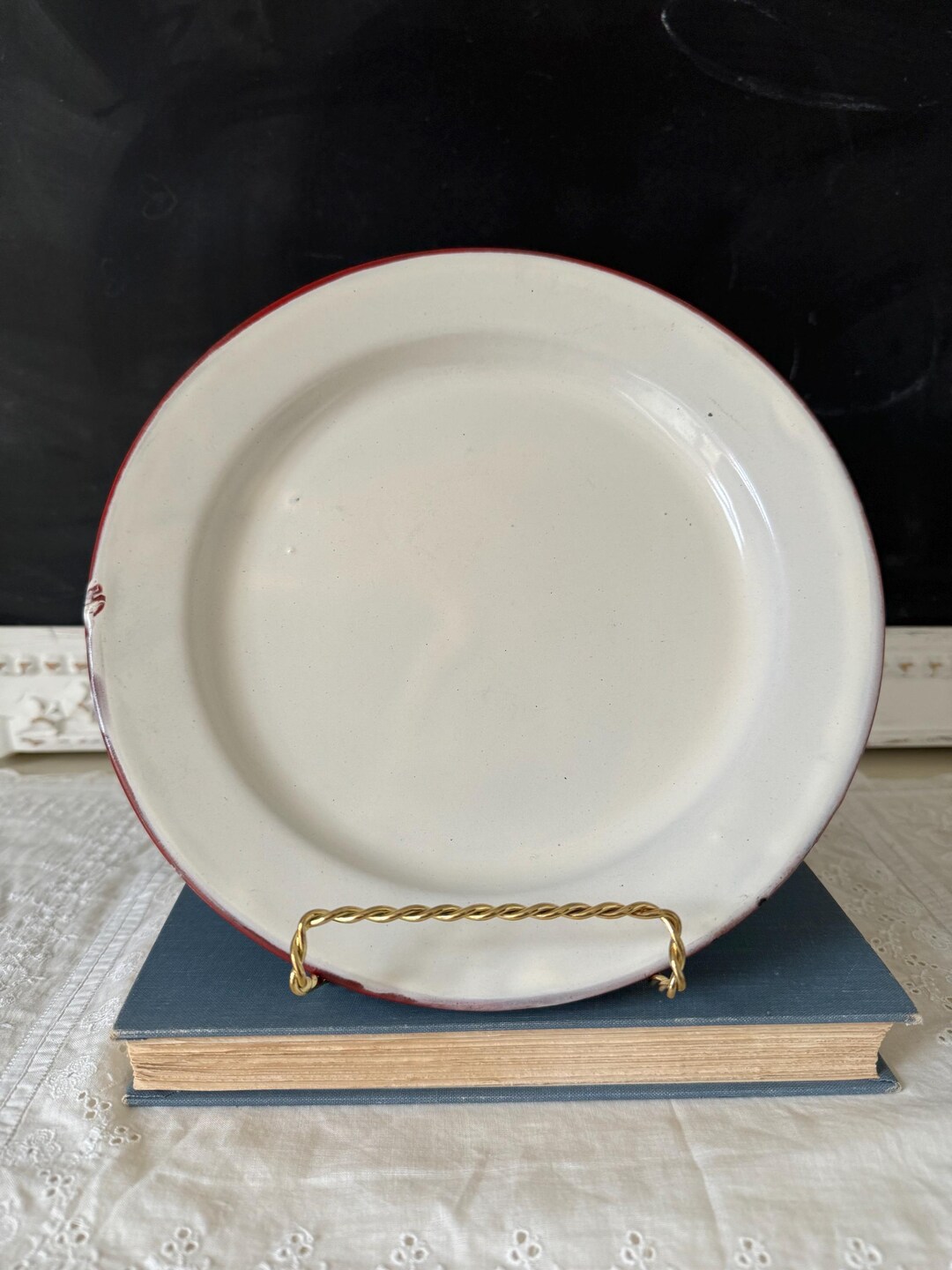 Vintage Farmhouse Enamelware Dinner Plate, White With Red Rim ...