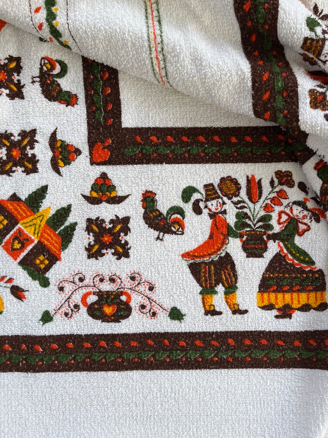 Vintage Terry Cotton Tablecloth Fruit and Floral Design, Folk Art ...