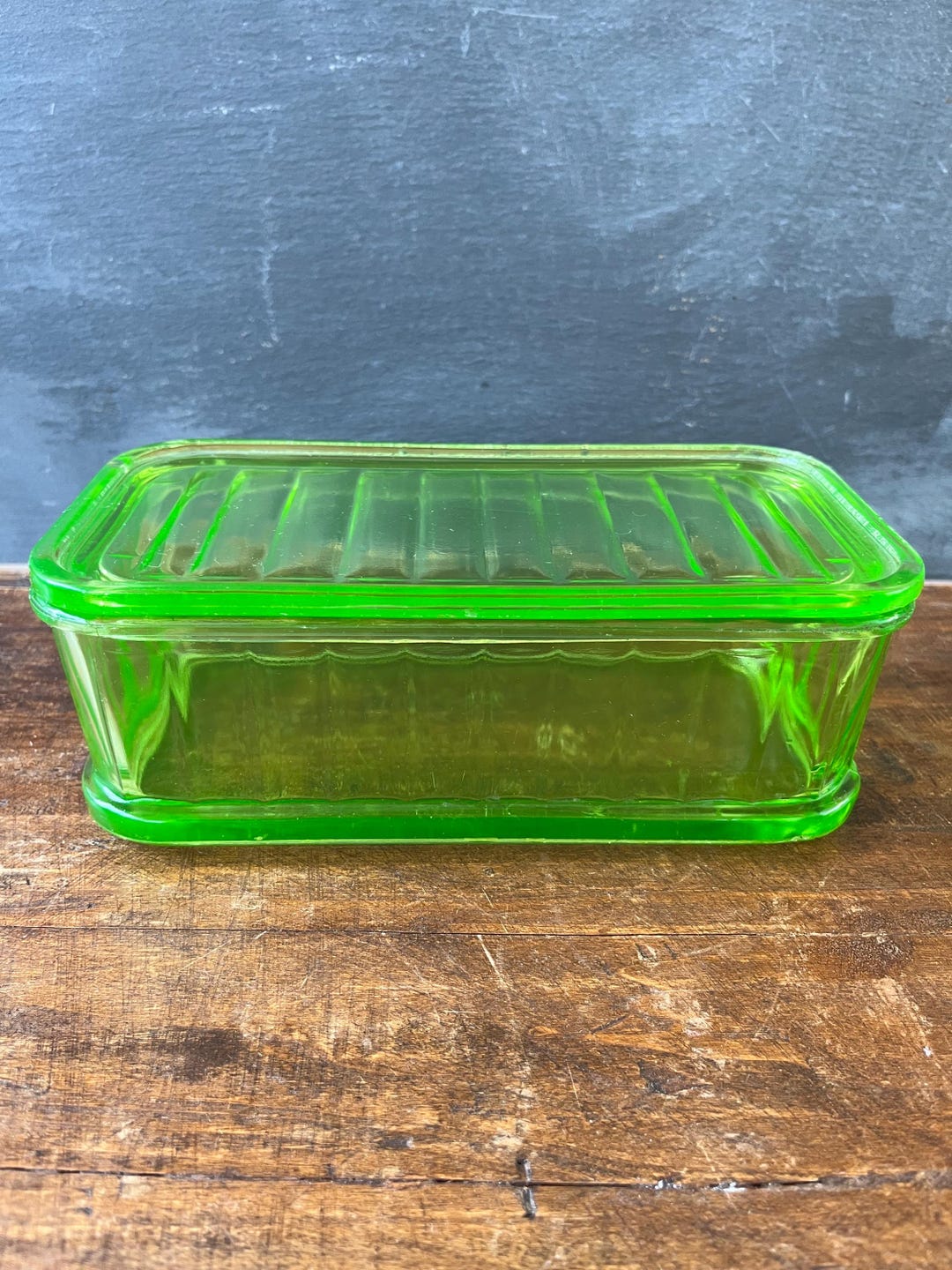 Vintage Anchor Hocking Uranium Green Vaseline Glass Lidded Storage ...
