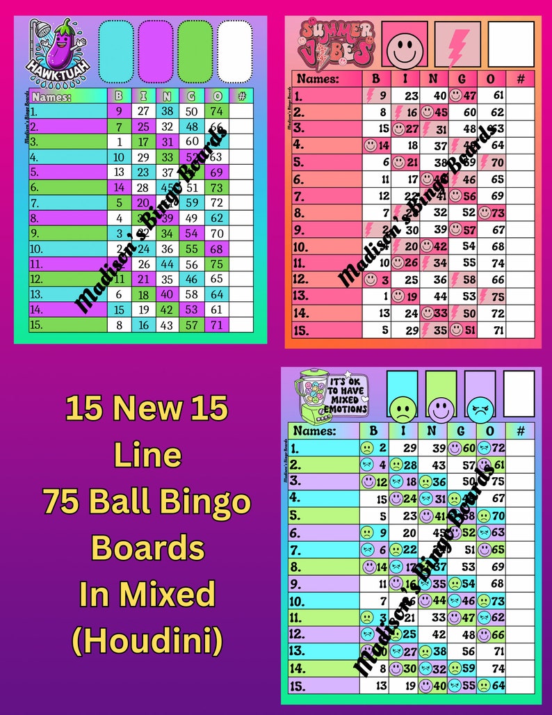 Bundle of 15 Line 75 Balls Bingo Boards- Pack of 15 in Mixed (houdini ...