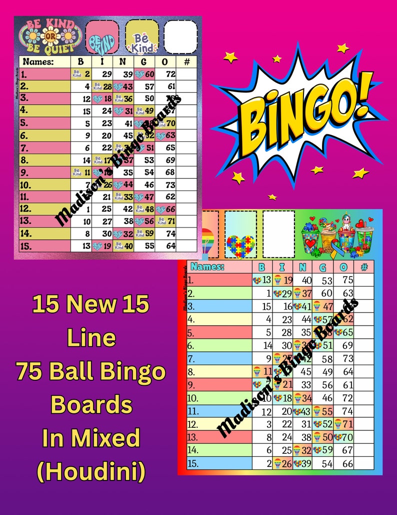 Bundle of 15 Line 75 Balls Bingo Boards- Pack of 15 in Mixed (houdini ...