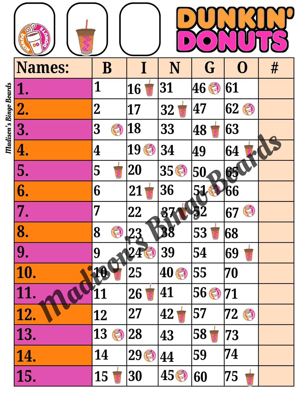 Dunkin Donuts Bingo Boards (straight & Mixed) - Etsy