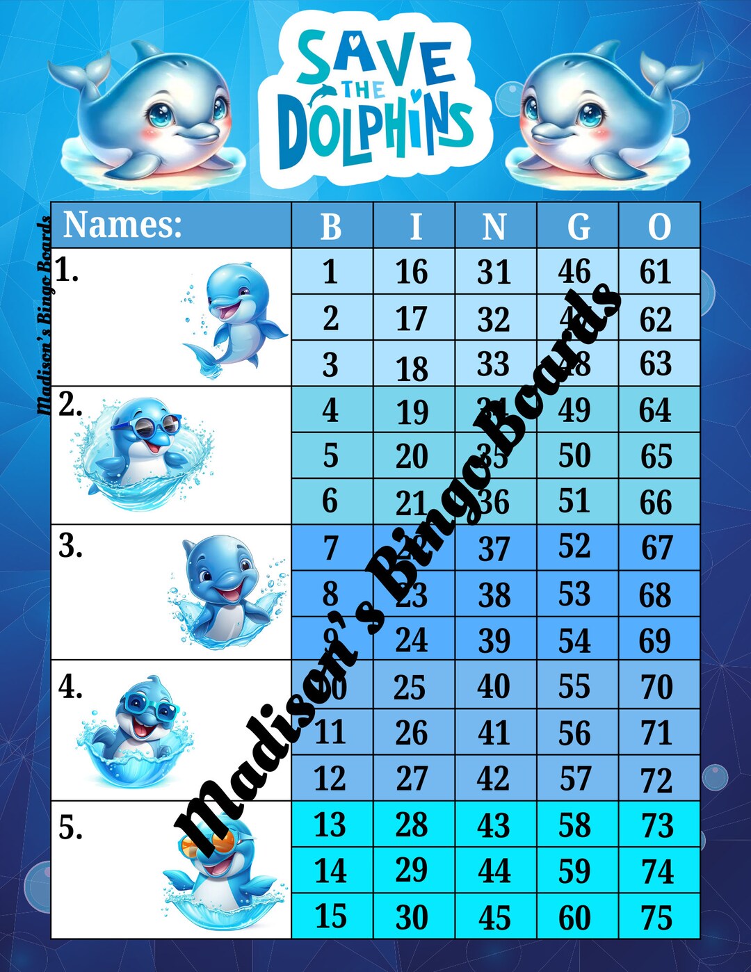 Dolphin Block Bingo Boards straight & Mixed - Etsy