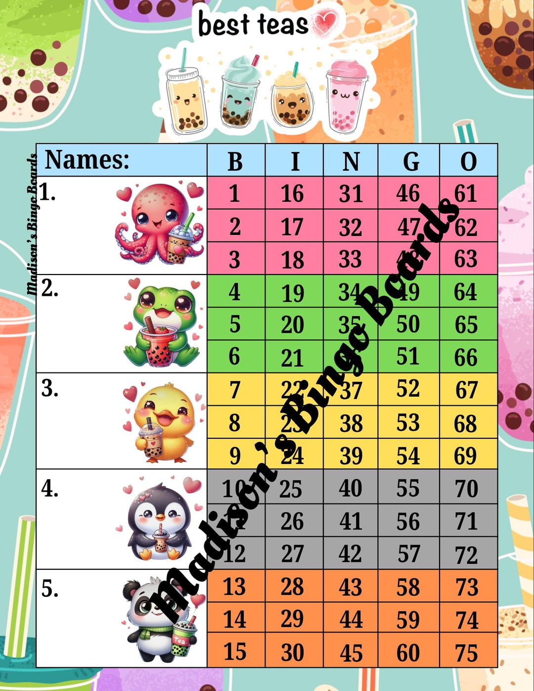 Boba Animals Block Bingo- Straight & Mixed - Etsy