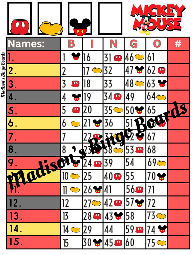Mickey Mouse Bingo Boards (straight & Mixed) - Etsy