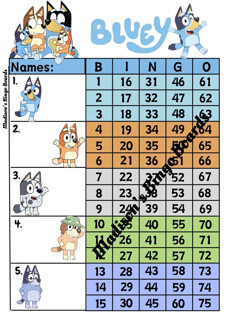 Bluey Block Bingo Boards (straight & Mixed) - Etsy