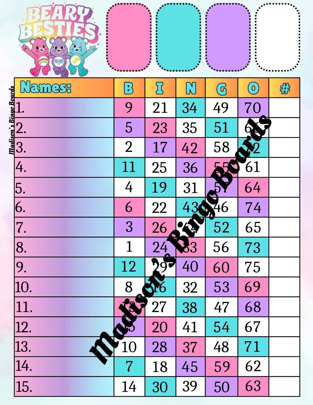 Beary Besties Bingo Board 15 Line 75 Balls in Straight & Mixed (houdini ...