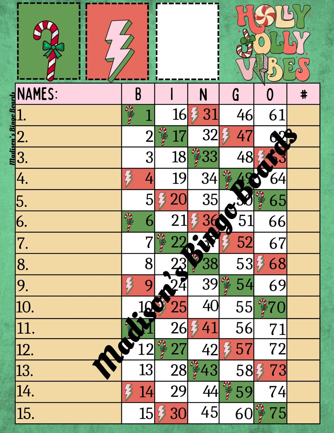 Holly Jolly Christmas Bingo Boards 15 Line 75 Balls- Straight & Mixed ...
