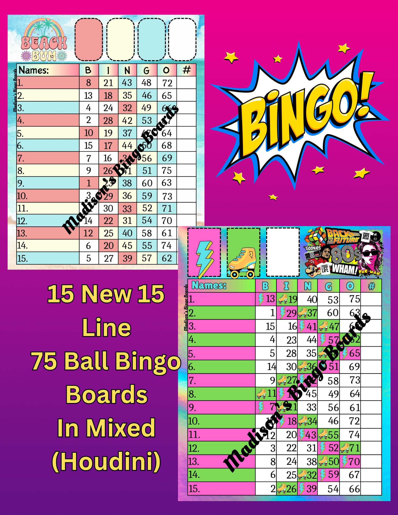 Bundle of 15 Line 75 Balls Bingo Boards- Pack of 15 in Mixed (houdini ...