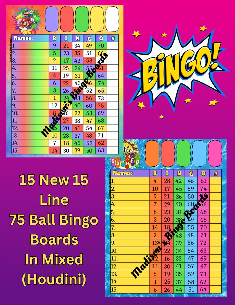 Bundle of 15 Line 75 Balls Bingo Boards- Pack of 15 in Mixed (houdini ...