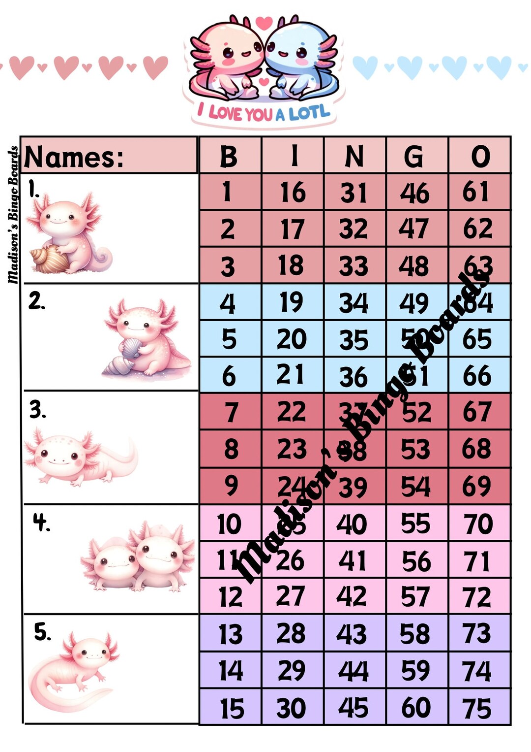 Axolotl Block Bingo Boards (straight & Mixed) - Etsy