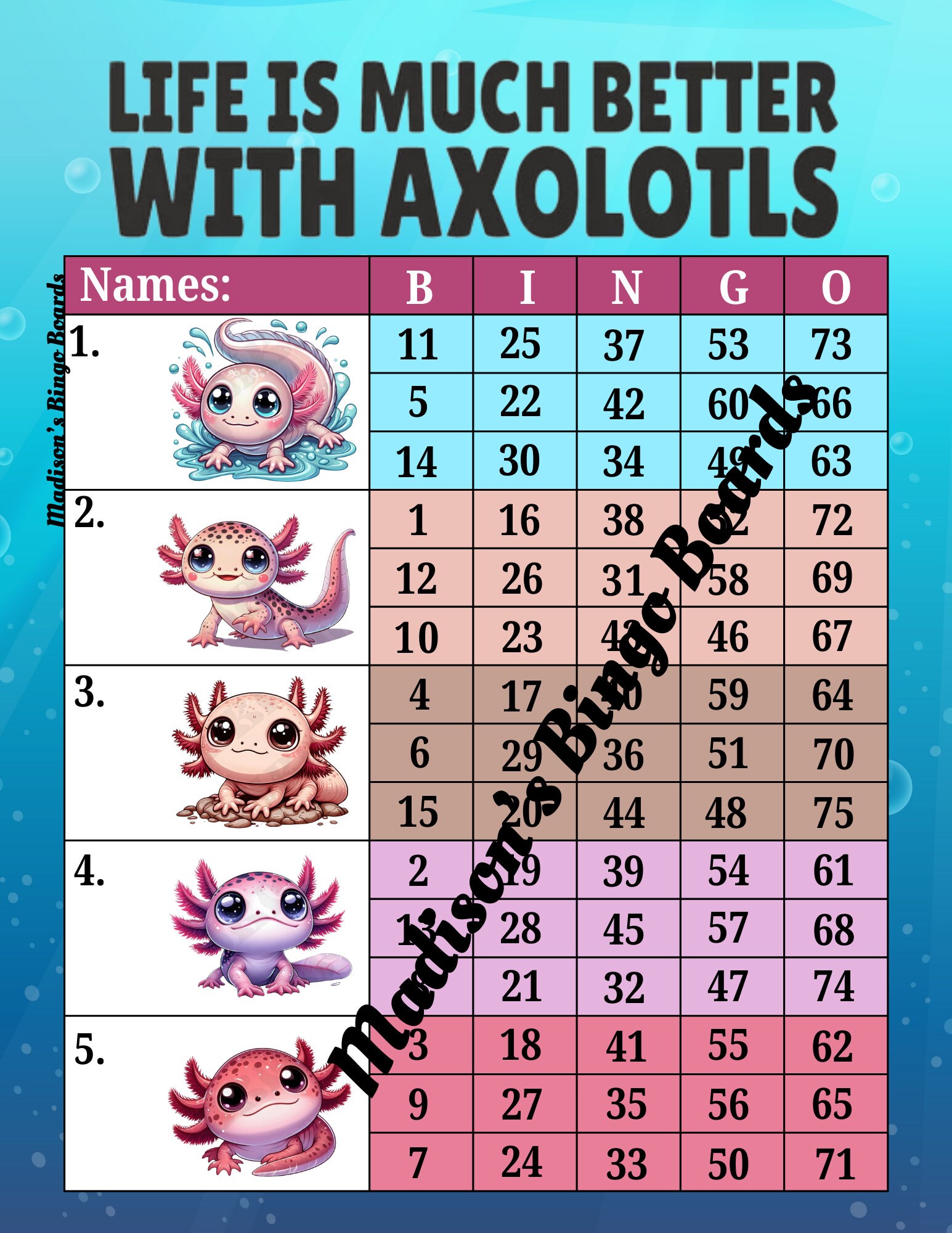 Axolotl Block Bingo Boards straight & Mixed - Etsy