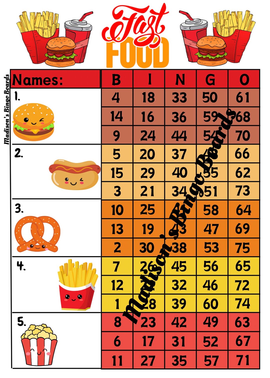 Fast Food Block Bingo Boards (straight & Mixed) - Etsy