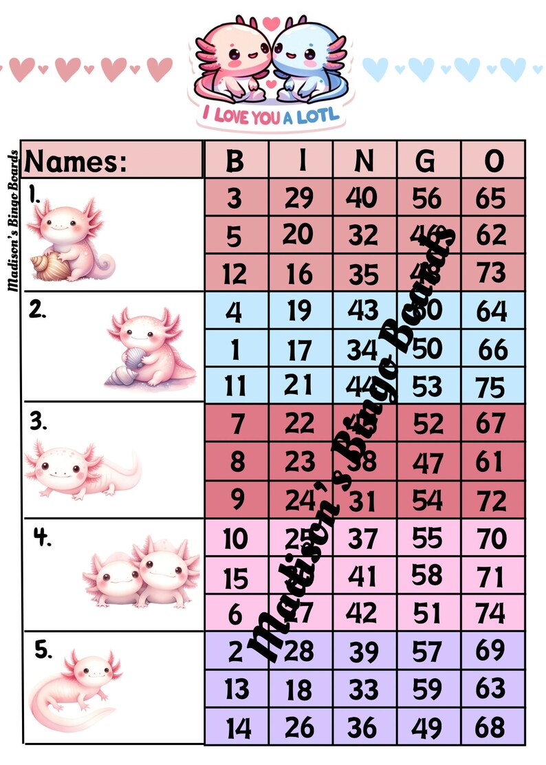 Axolotl Block Bingo Boards (straight & Mixed) - Etsy